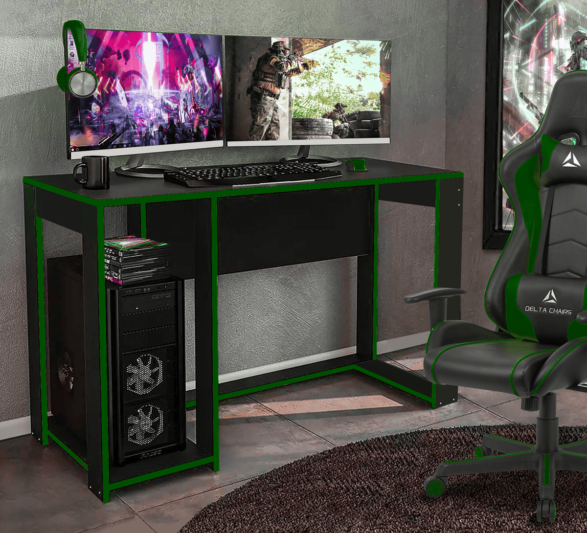 Ryker Gaming Desk Table - Black with Green | Home Detail UK