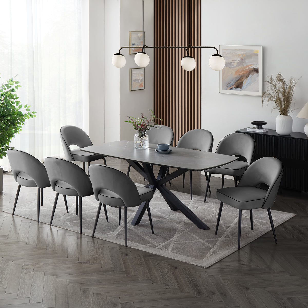 Verona X Tiago 6 Seater Dining Set - Grey Velvet | Home Detail UK