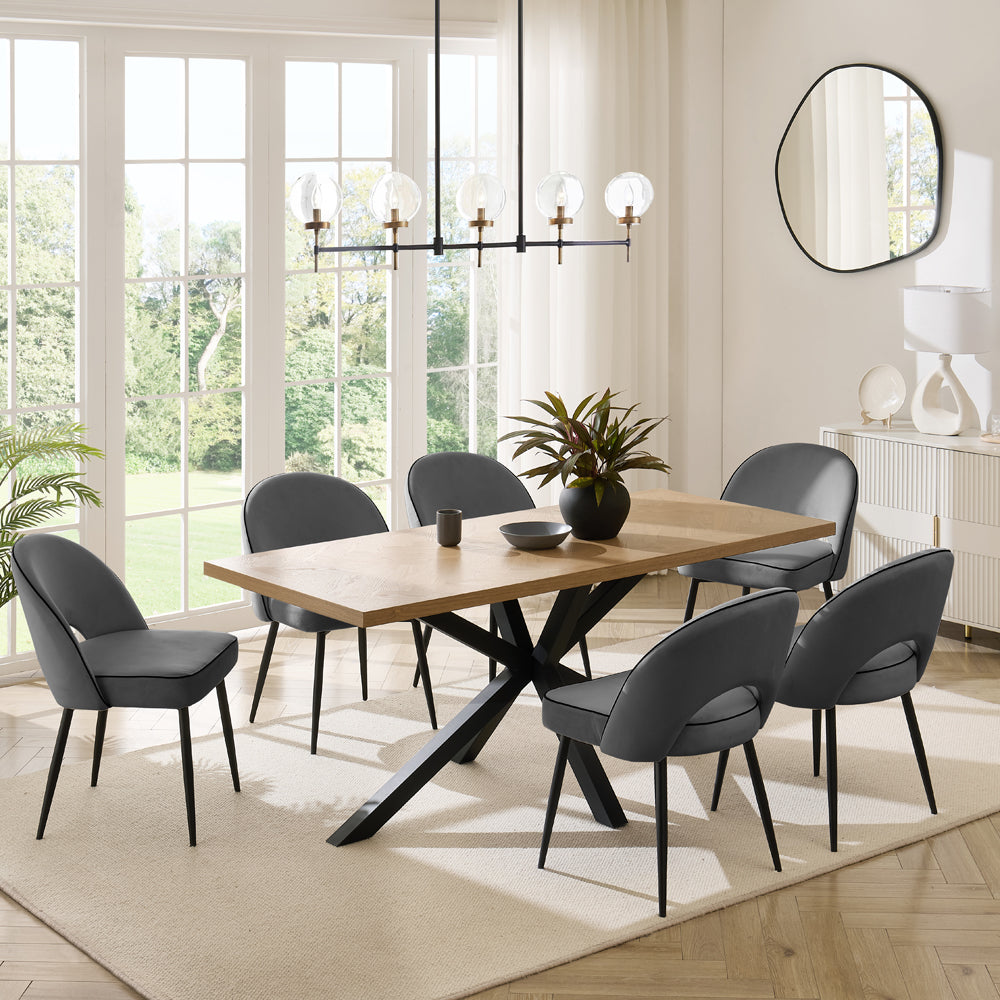 Trevi Herringbone Table X Tiago 6 Seater Dining Set - Grey Velvet ...