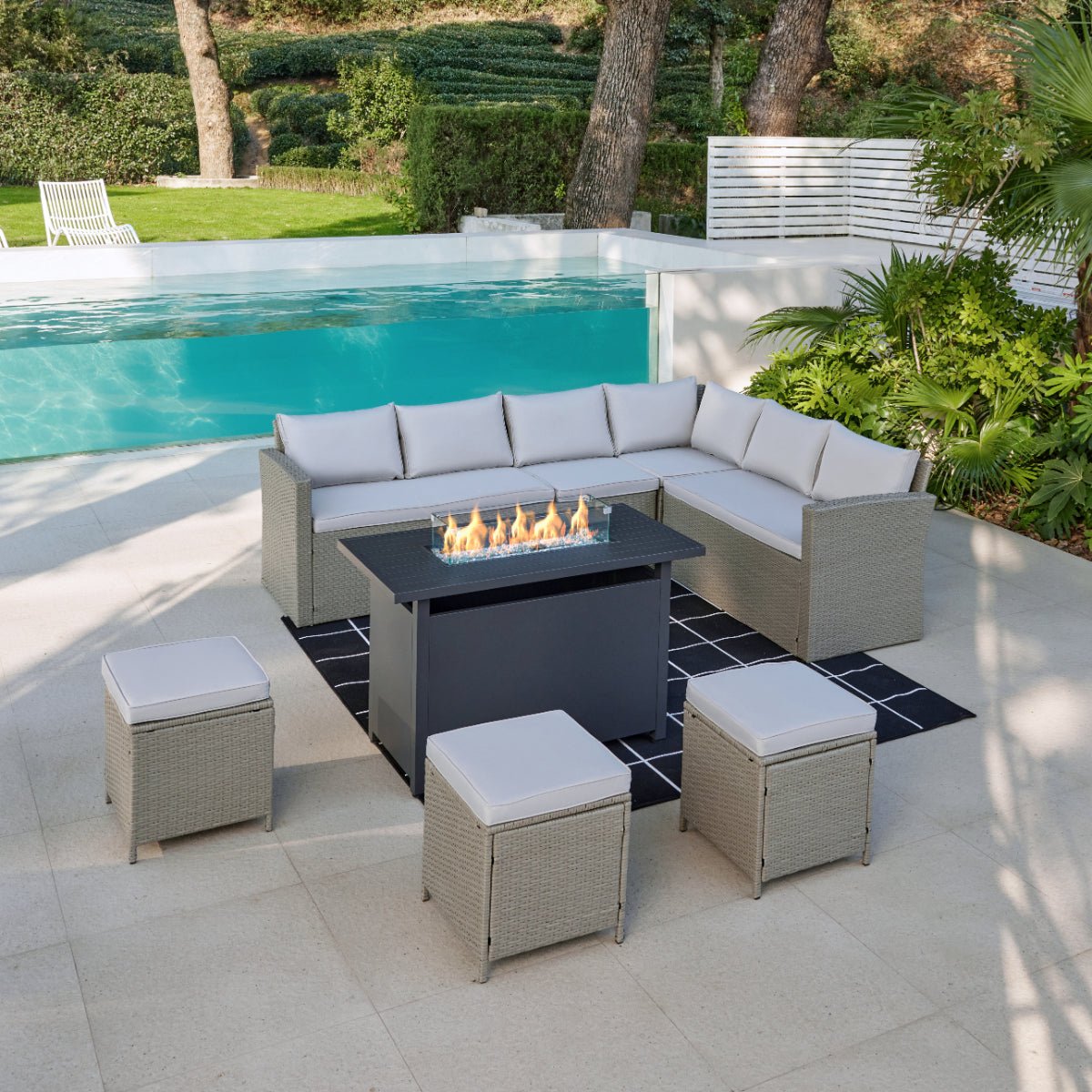 Kos Grey Rattan Corner Sofa & Fire Pit Table | Home Detail