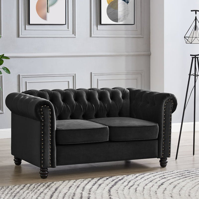 Chesterfield Velvet Fabric 2 Seater Sofa - Black Velvet | Home Detail