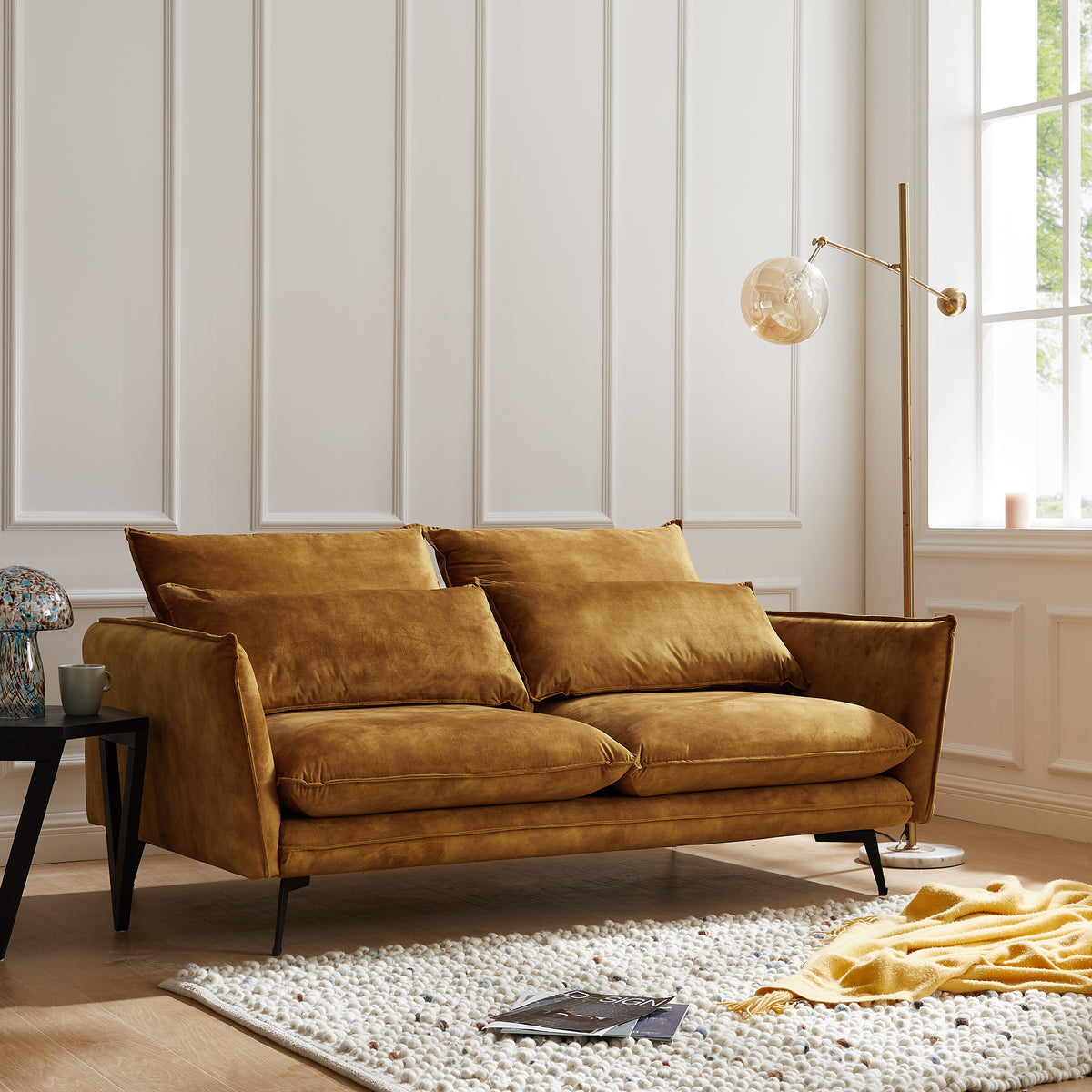 Wallace 2 Seater Sofa - Gold Velvet Fabric | Home Detail UK